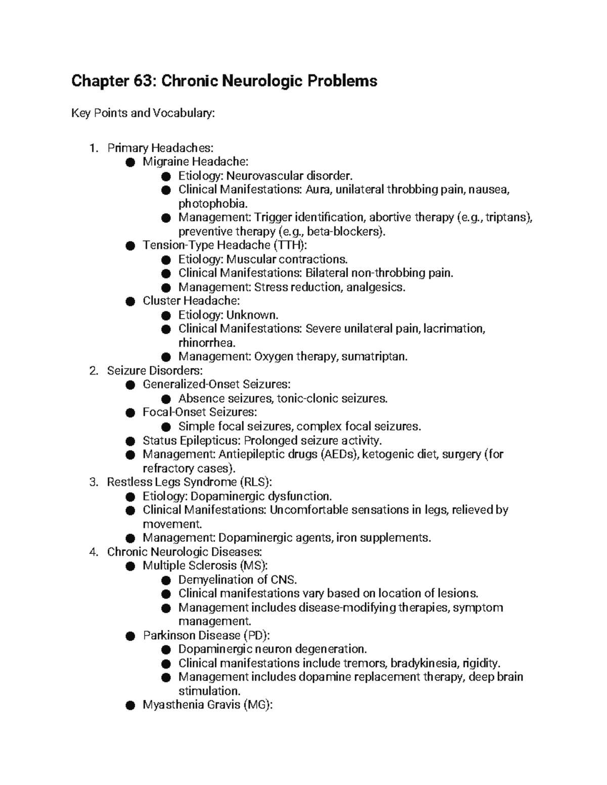 Chronic Neurologic Problems Overview - Chapter 63 Insights - Studocu