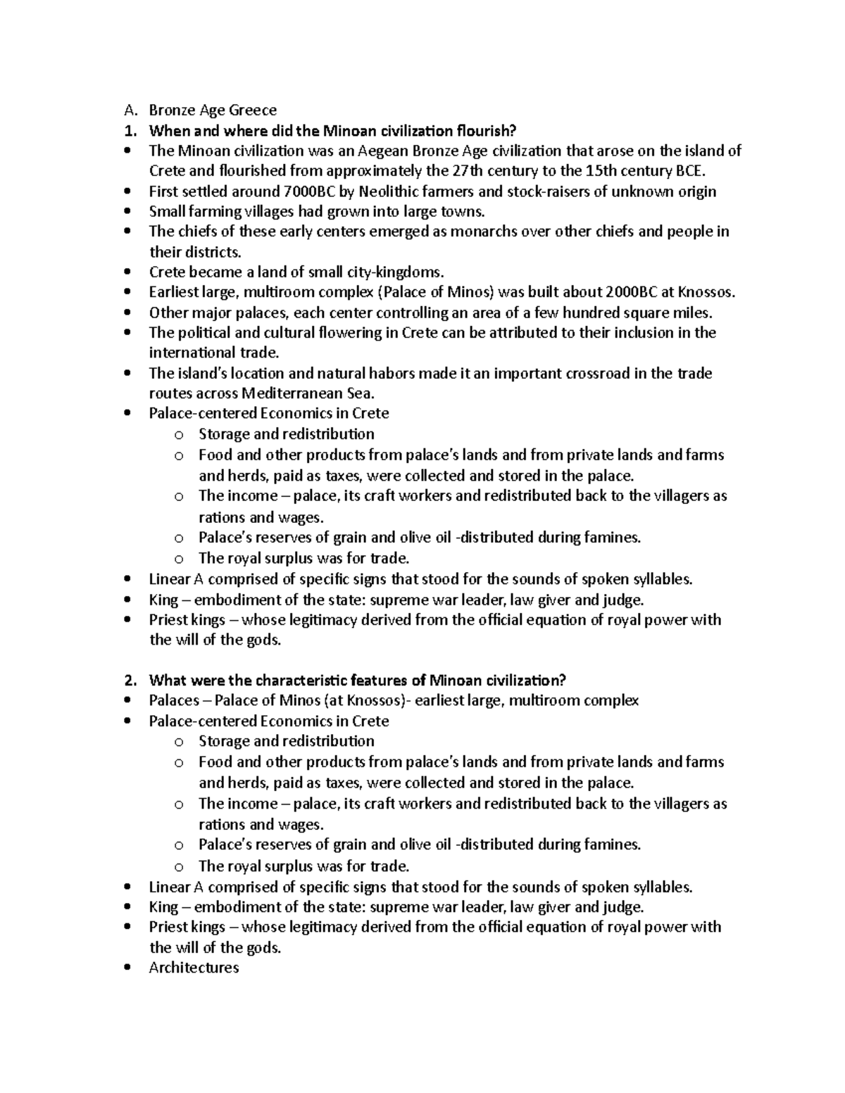 Unit 2 - Answers for Study Questions - A. Bronze Age Greece When and ...