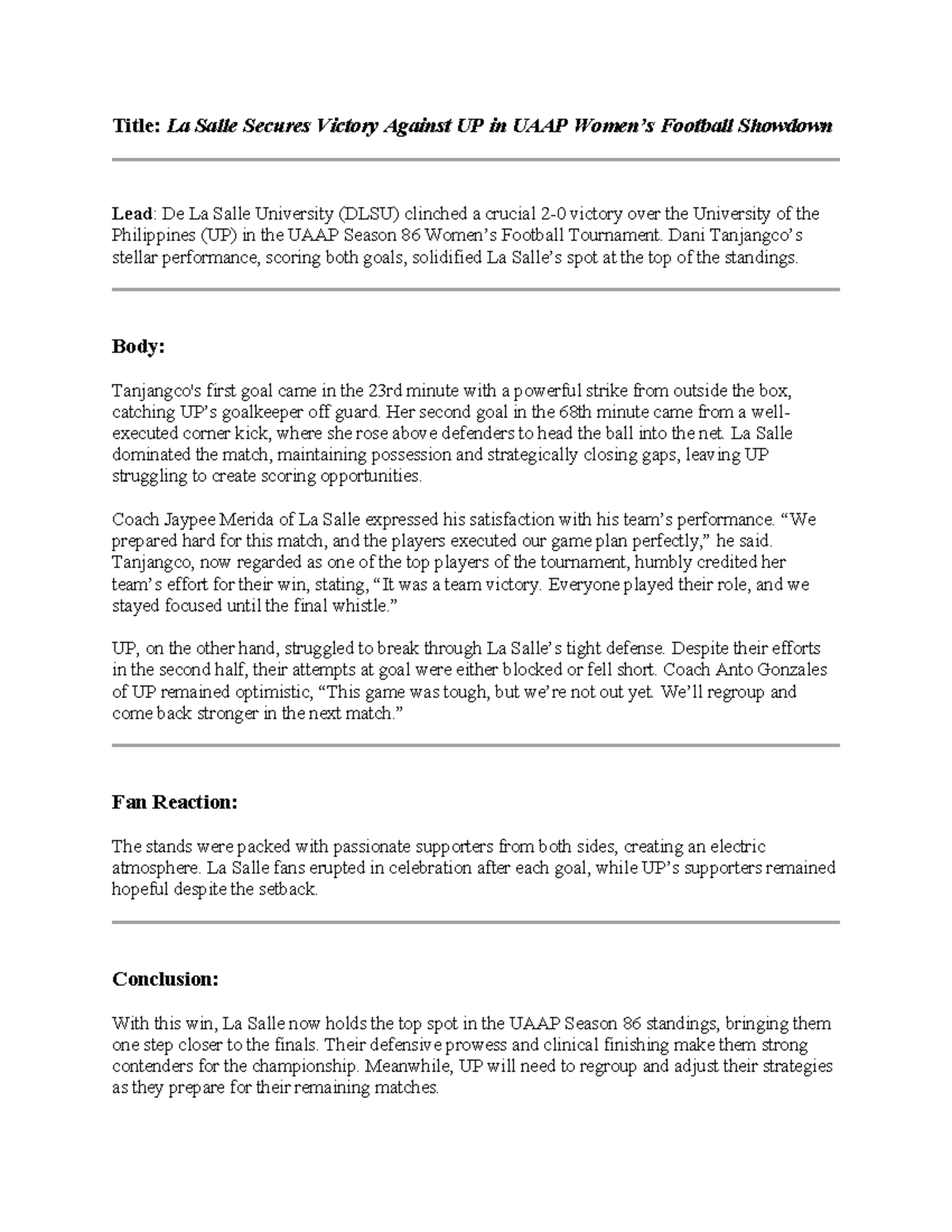Sample Article 2 - For sports writing - Title: La Salle Secures Victory ...