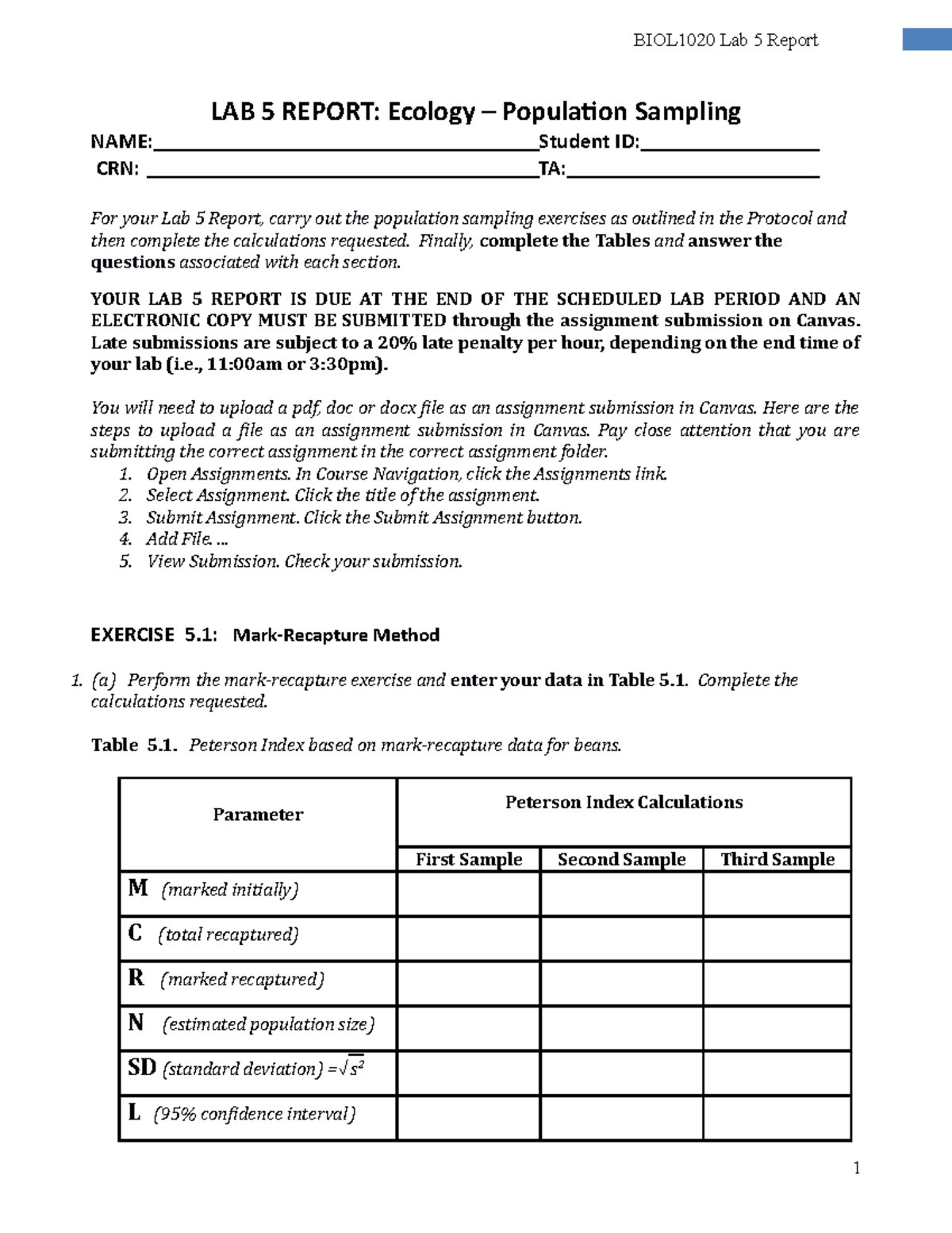 Lab 5 Report: Population Sampling in Ecology (Protocols & Calculations ...