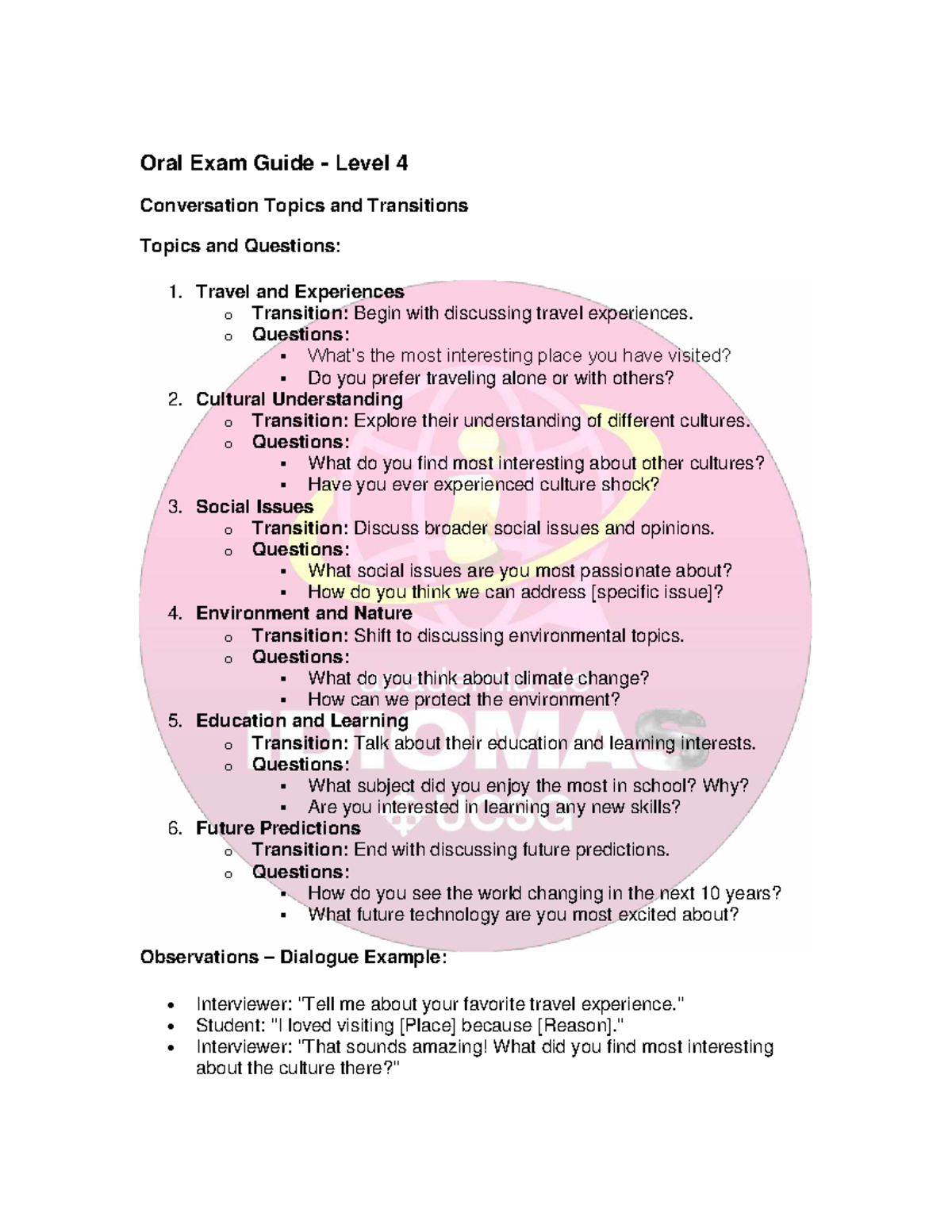 Level 4 Oral Exam Guide: Conversation Topics & Questions - Studocu