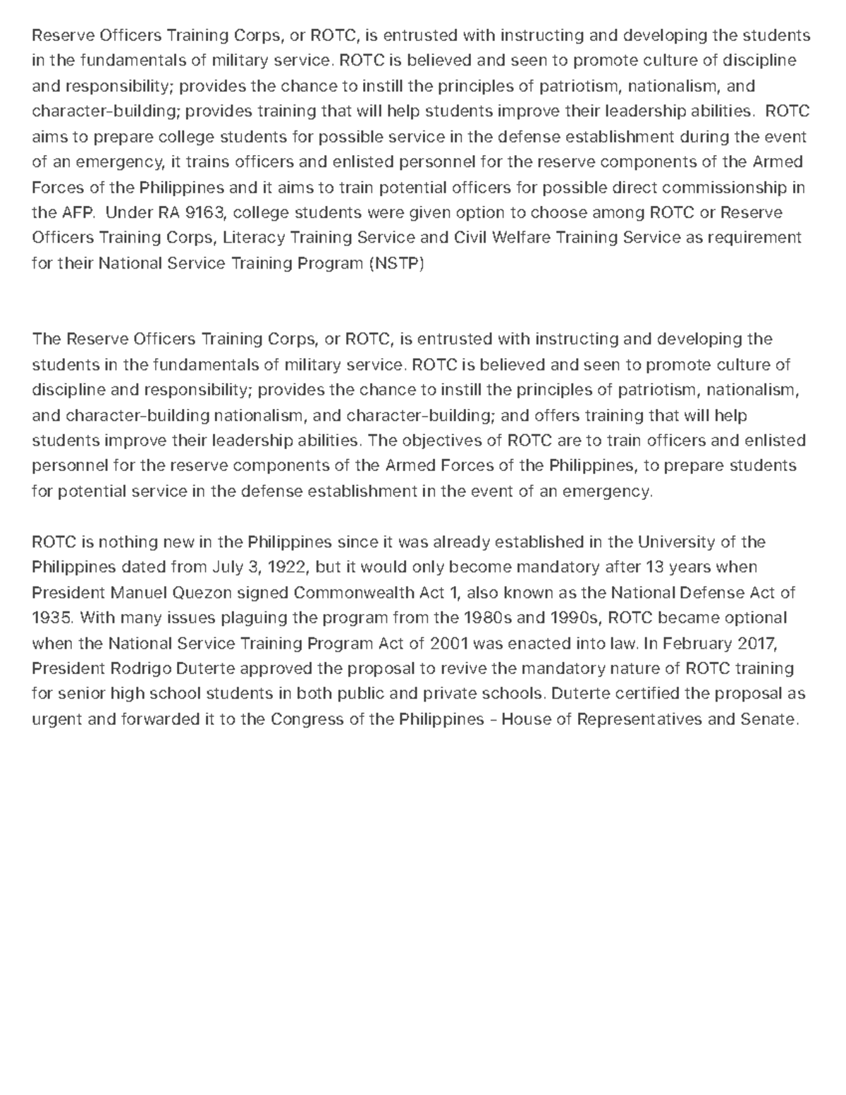 ROTC Overview: History, Objectives, and Recent Developments - Studocu