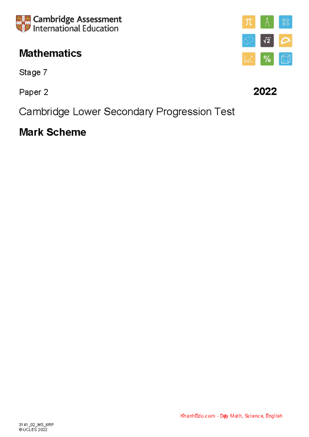 Mathematics Stage 7 2022 Paper 2 Progression Test Mark Scheme - Studocu