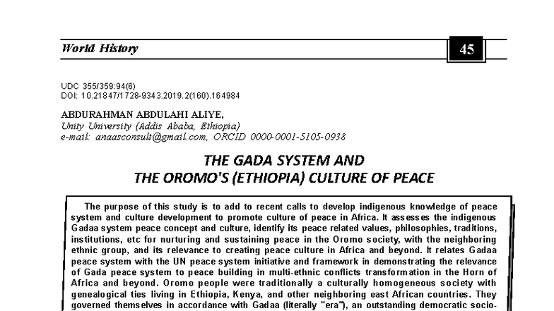 The Gada System and Oromo Culture of Peace in Ethiopia: A Study - Studocu