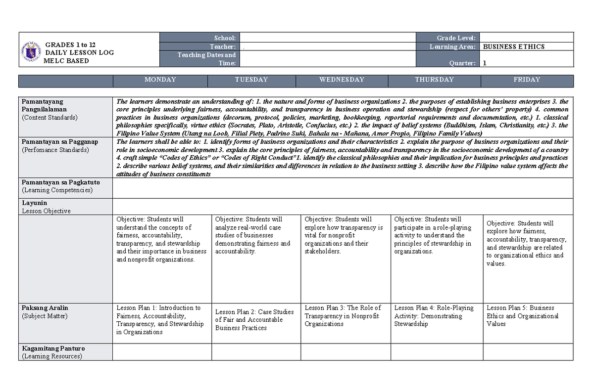 Daily Lesson Log for Business Ethics (Grades 1-12) - Week 2-9 - Studocu