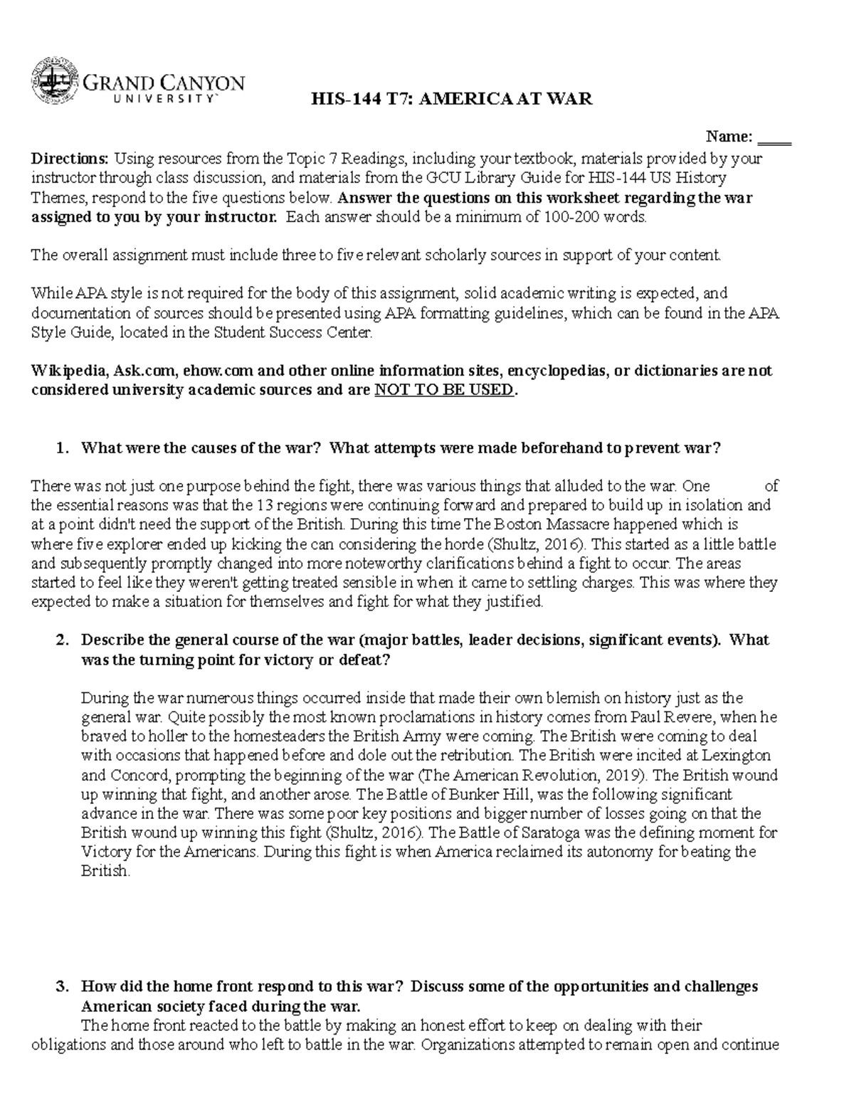 HIS-144-T7: America at War Worksheet Responses and Analysis - Studocu