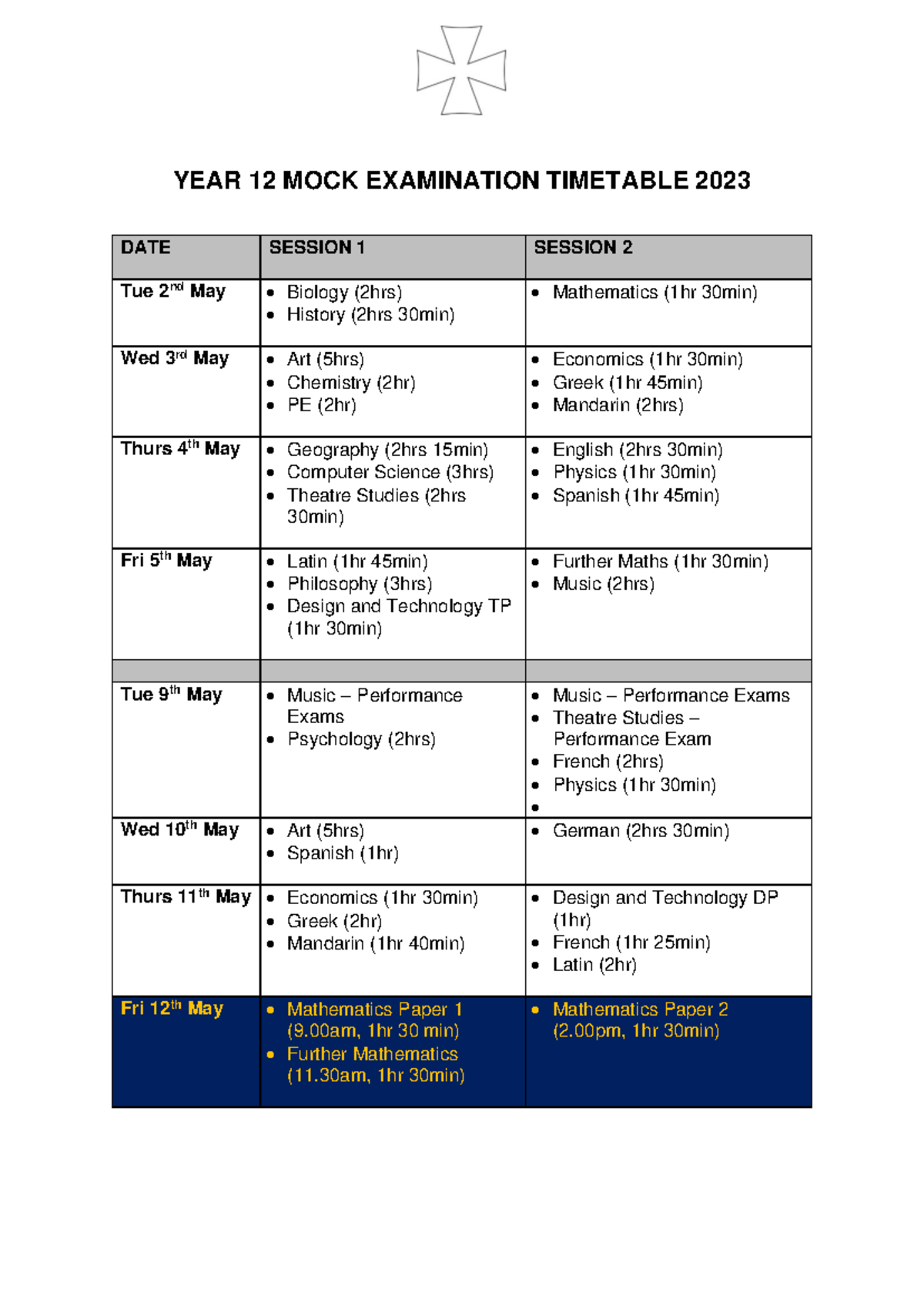 YEAR 12 MOCK Examination Timetable Summer 2023 Revised - YEAR 12 MOCK ...