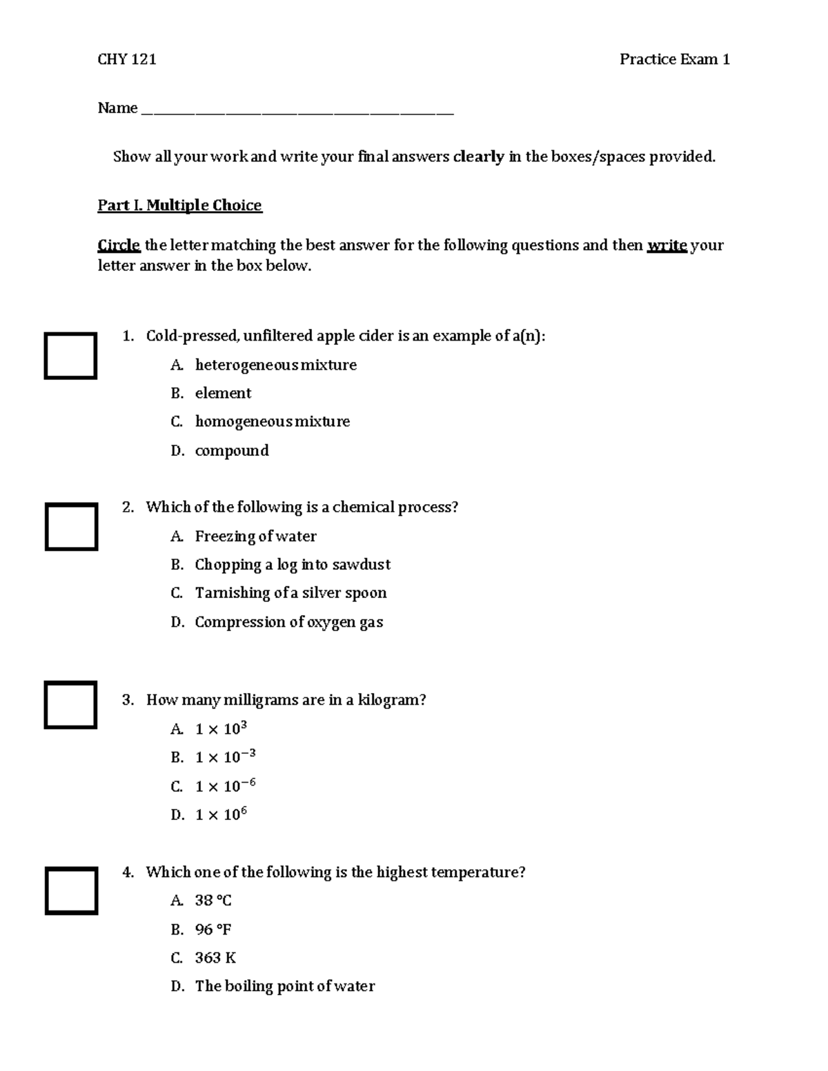 CHY 121 Practice Exam 1 - Comprehensive Review & Questions - Studocu