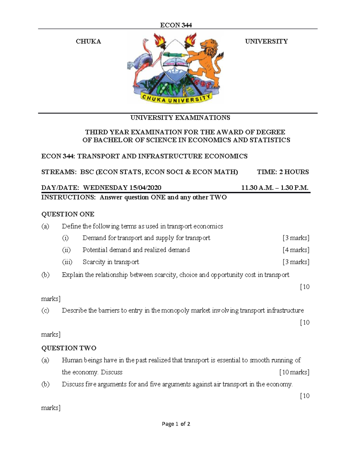 ECON 344: Transport and Infrastructure Economics Exam Notes - Studocu