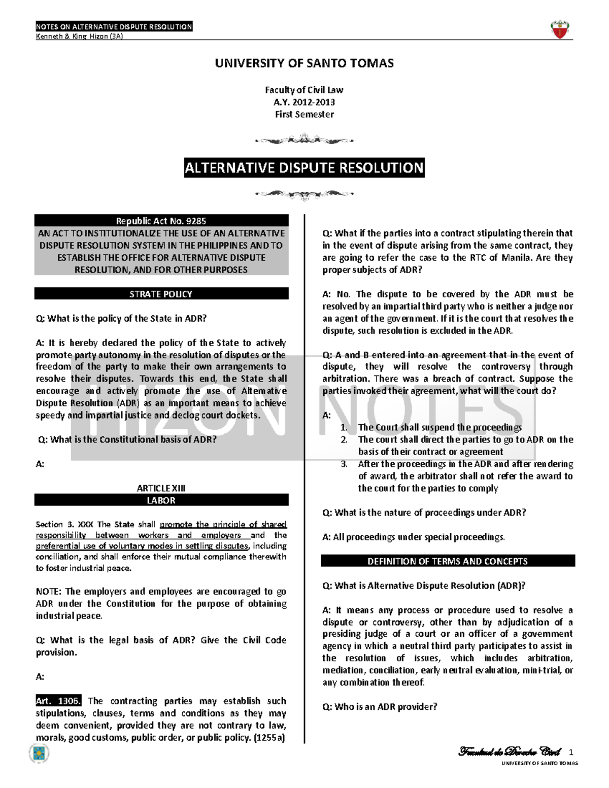 ADR Review Notes (LAW 101) for A.Y. 2021-2022 - Studocu