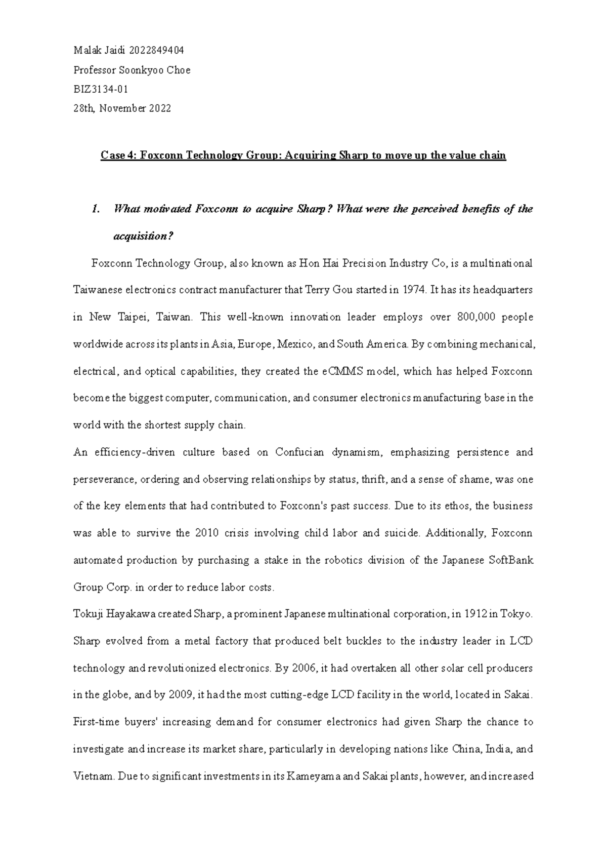 BIZ3134 - Case Study on Foxconn's Acquisition of Sharp - Insights ...