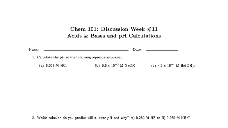 Chem 101: Week 11 Acids, Bases & pH Practice Problems - Studocu