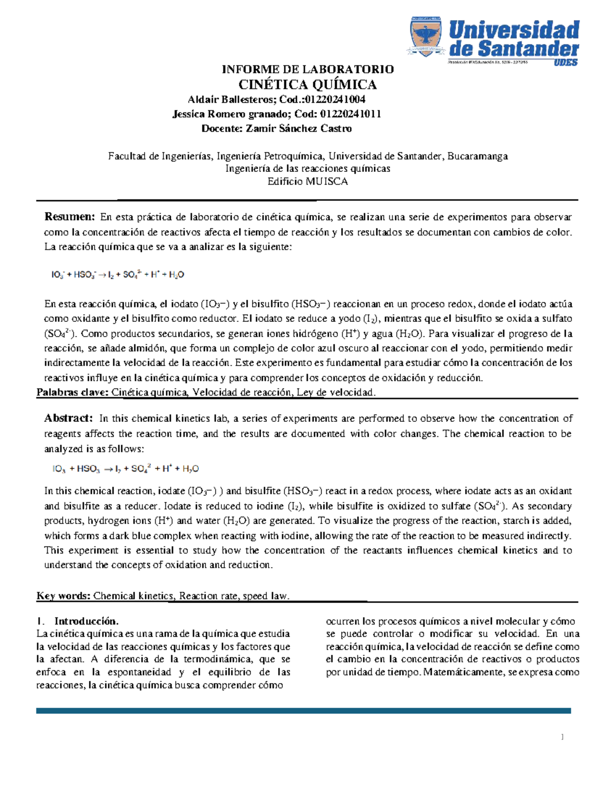 Informe de Laboratorio: Cinética Química - Reacción Iodato y Bisulfito - Studocu