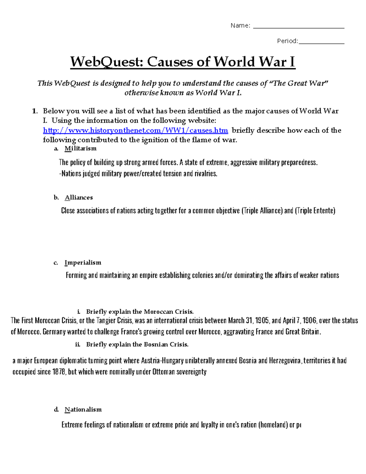 WebQuest: Major Causes of WWI Explained - Studocu