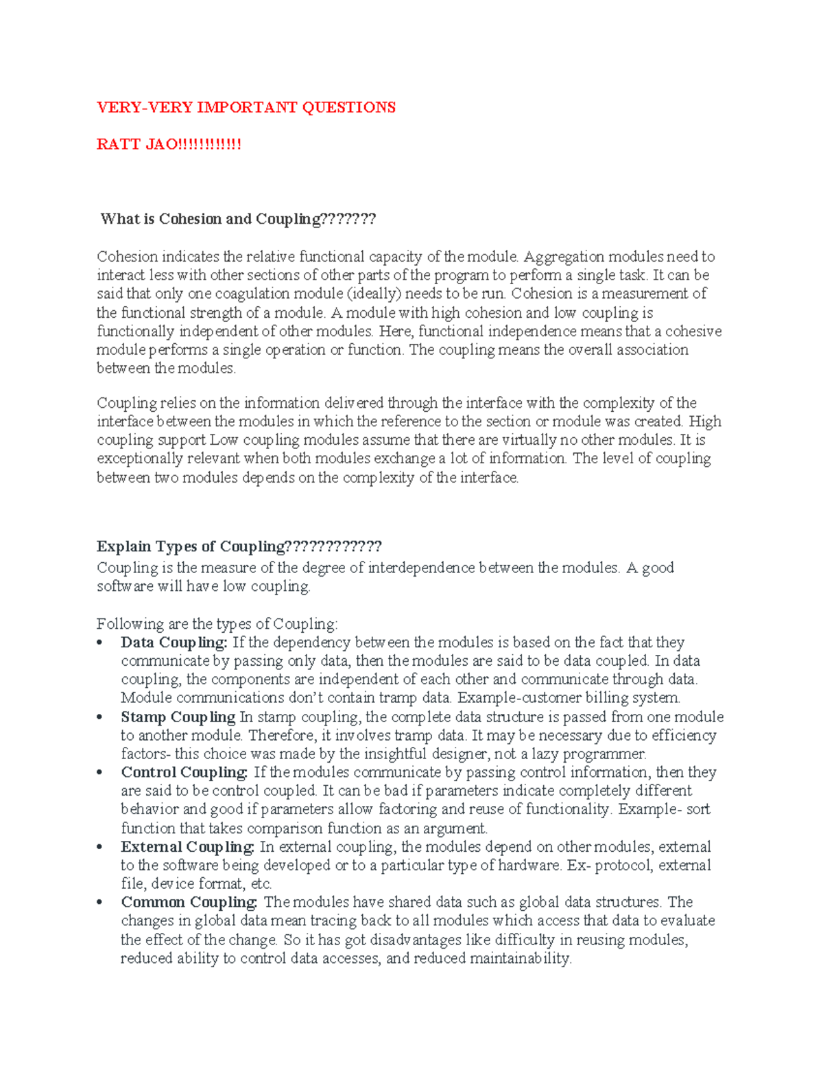 SE Questions - Cohesion, Coupling, and Agile Models - Studocu