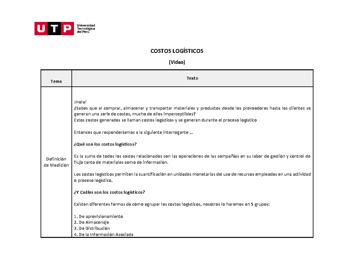 COSTOS LOGÍSTICOS: Definición y Clasificación (Semana 3 - G Ziagcs ...