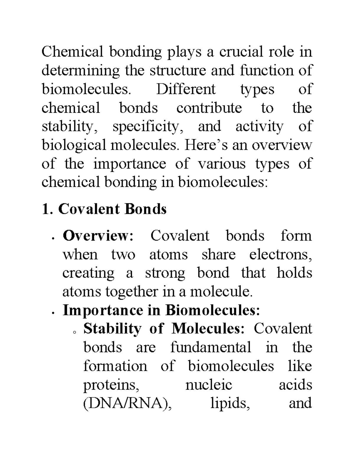 Understanding Chemical Bonds in Biomolecules: Types & Their Roles - Studocu