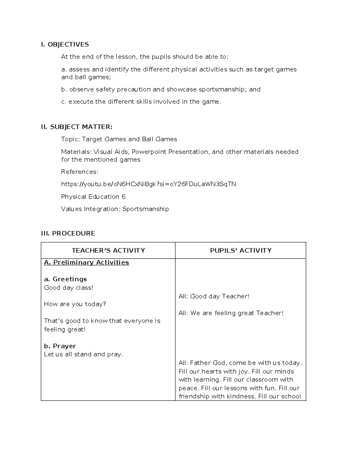 DLP MAPEH Lesson Plan: Exploring Target and Ball Games - Studocu