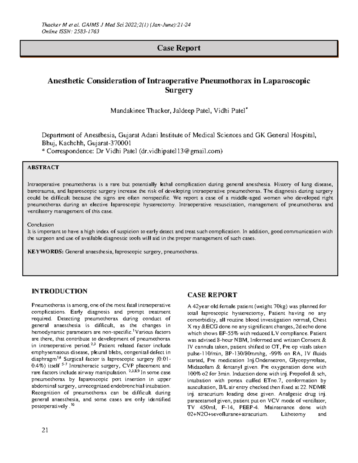 Anesthetic Considerations for Intraoperative Pneumothorax in ...