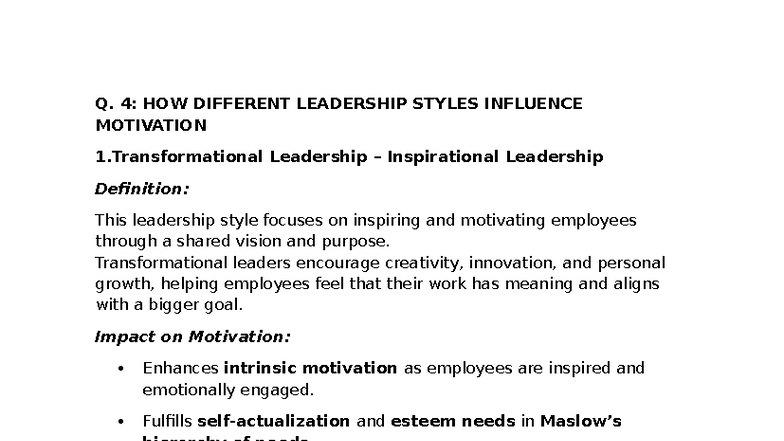 Leadership Styles and Their Impact on Motivation: A Study - Studocu