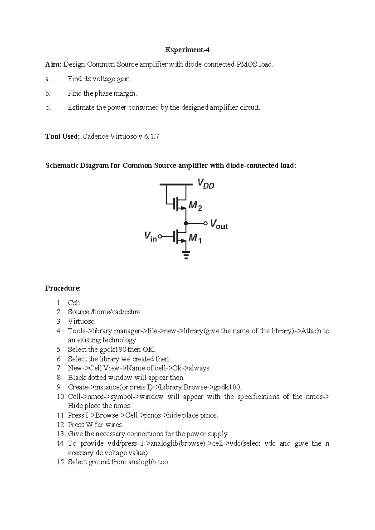 Designing a Common Source Amplifier with PMOS Load - Experiment 4 - Studocu