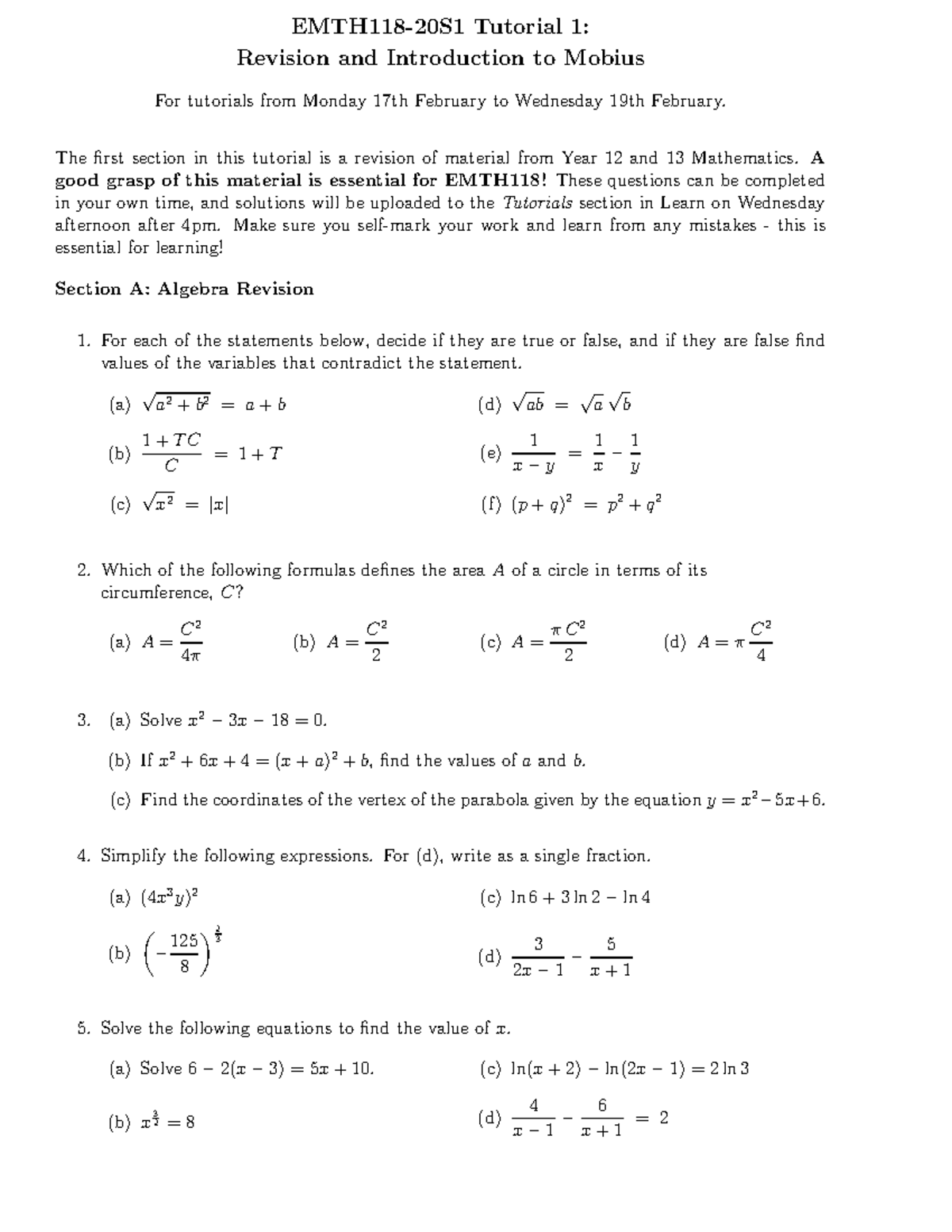 118 Tutorial 1 questions - EMTH118-20S1 Tutorial 1: Revision and Introduction to Mobius For ...