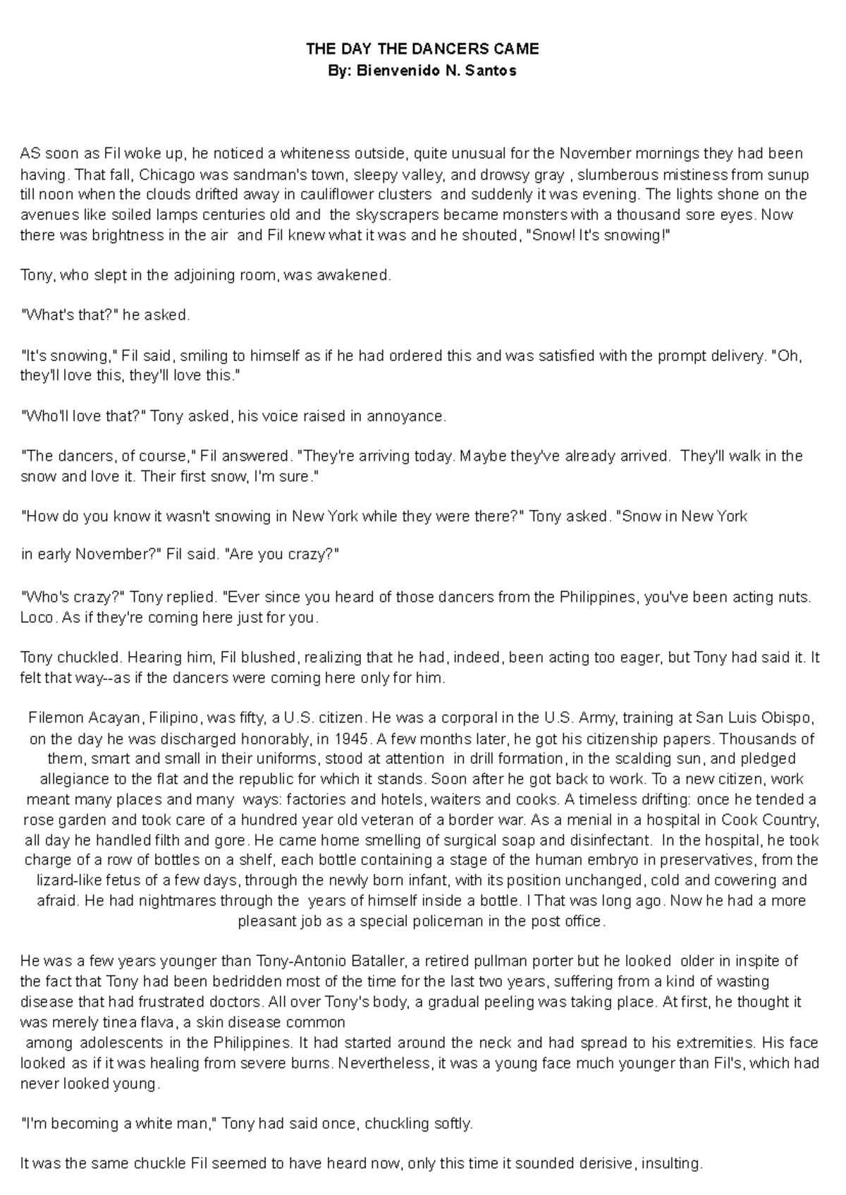 The Day the Dancers Came: A Short Story by Bienvenido N. Santos - Studocu