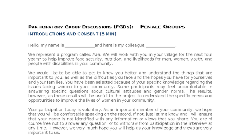 FGD Fedis: Female Group Introductions & Consent for Community ...