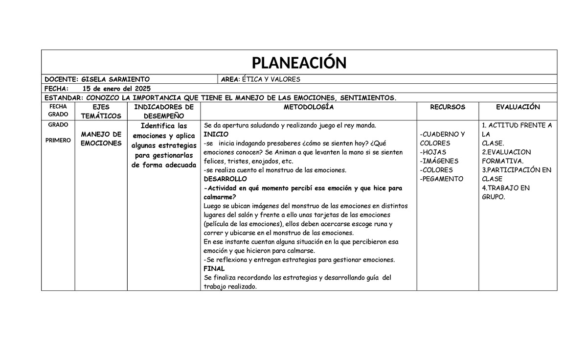 Clases - bgnv b - PLANEACIÓN DOCENTE: GISELA SARMIENTO AREA: ÉTICA Y ...