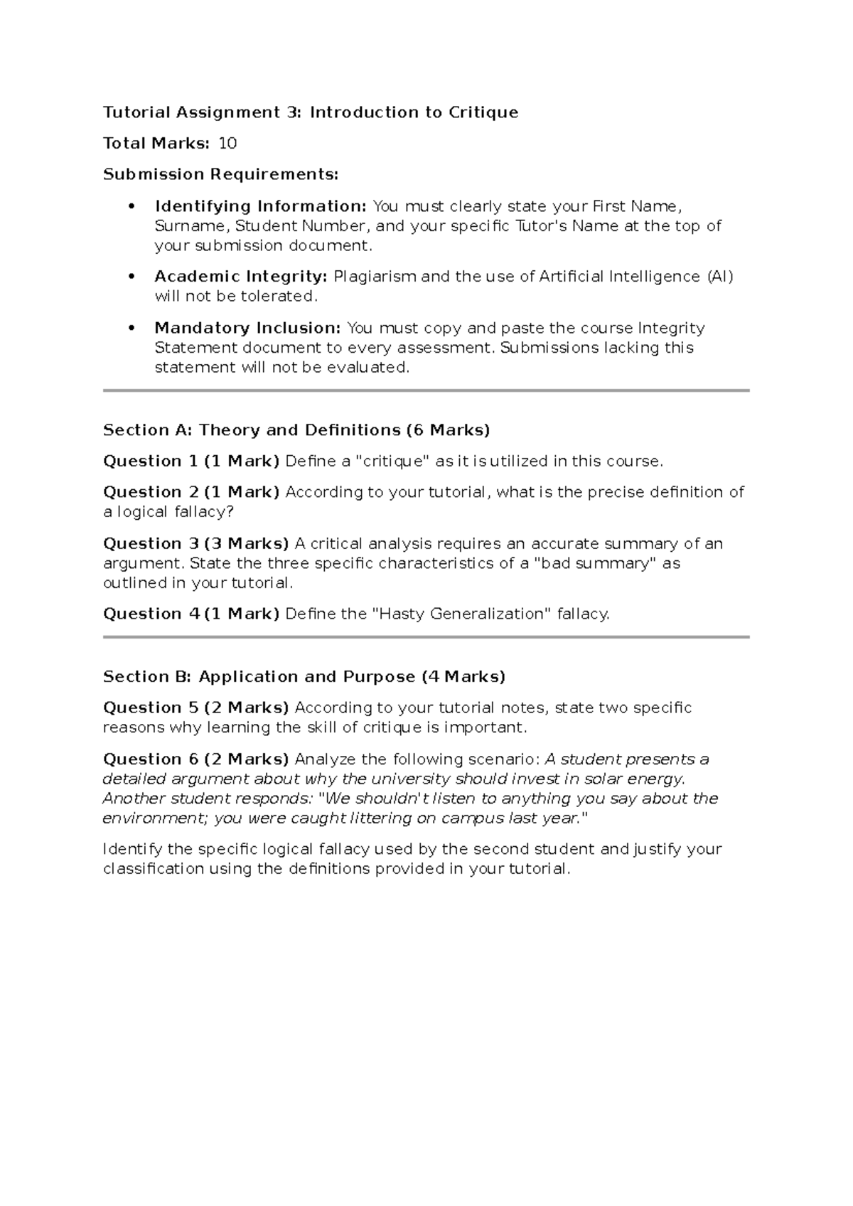 Tutorial Assignment 3: Intro to Critique & Logical Fallacies - Studocu