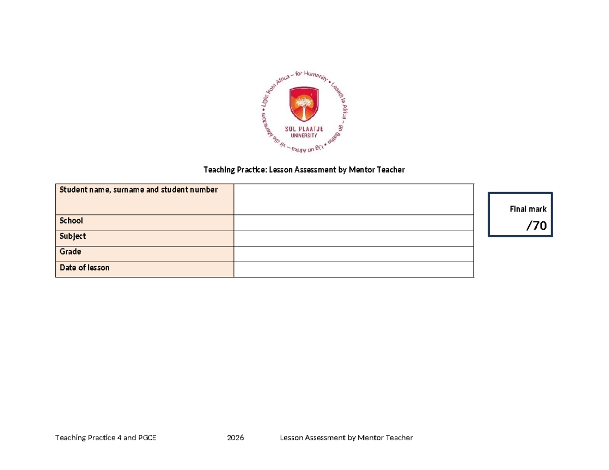 Teaching Practice 4: Lesson Assessment Feedback & Planning 2026 - Studocu