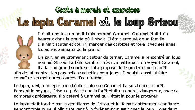 Conte à morale : Caramel le lapin et le loup Grisou - Studocu