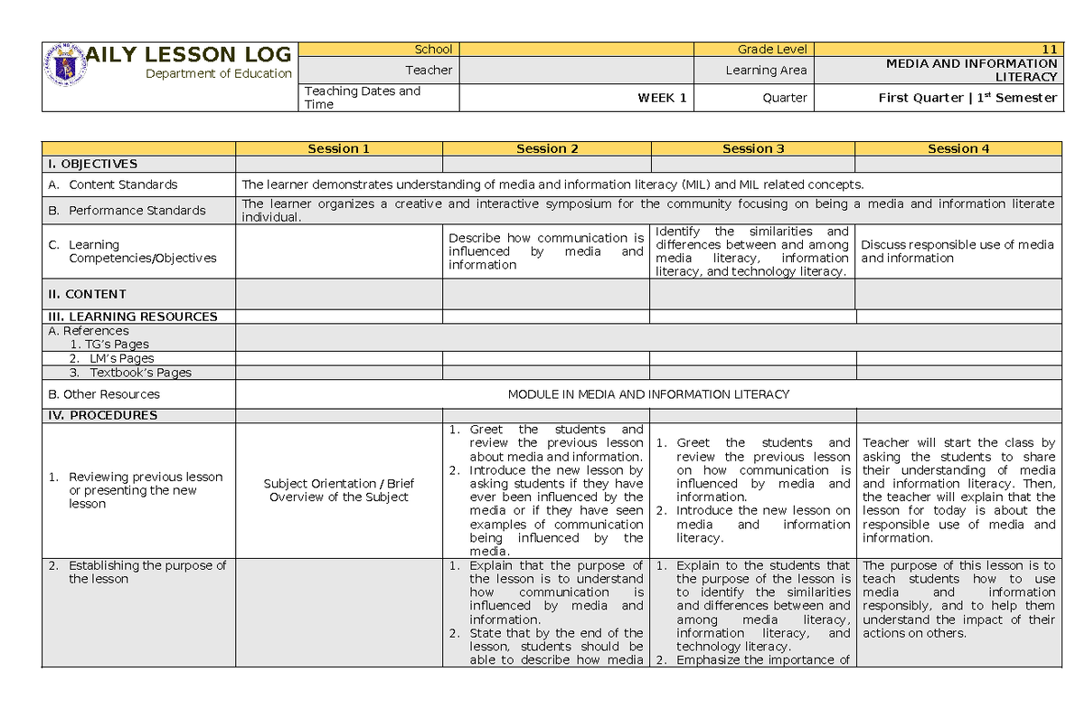 MIL Quarter 1 Week 1 Lesson Log: Media & Information Literacy - Studocu