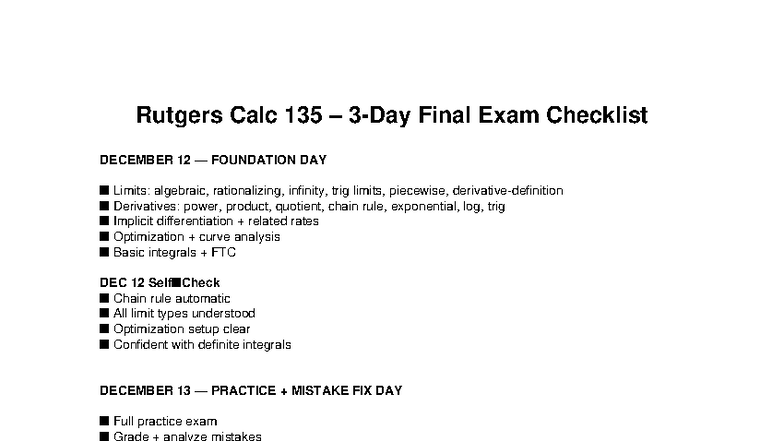 Rutgers Calc 135 Final Exam 3-Day Preparation Checklist - Studocu