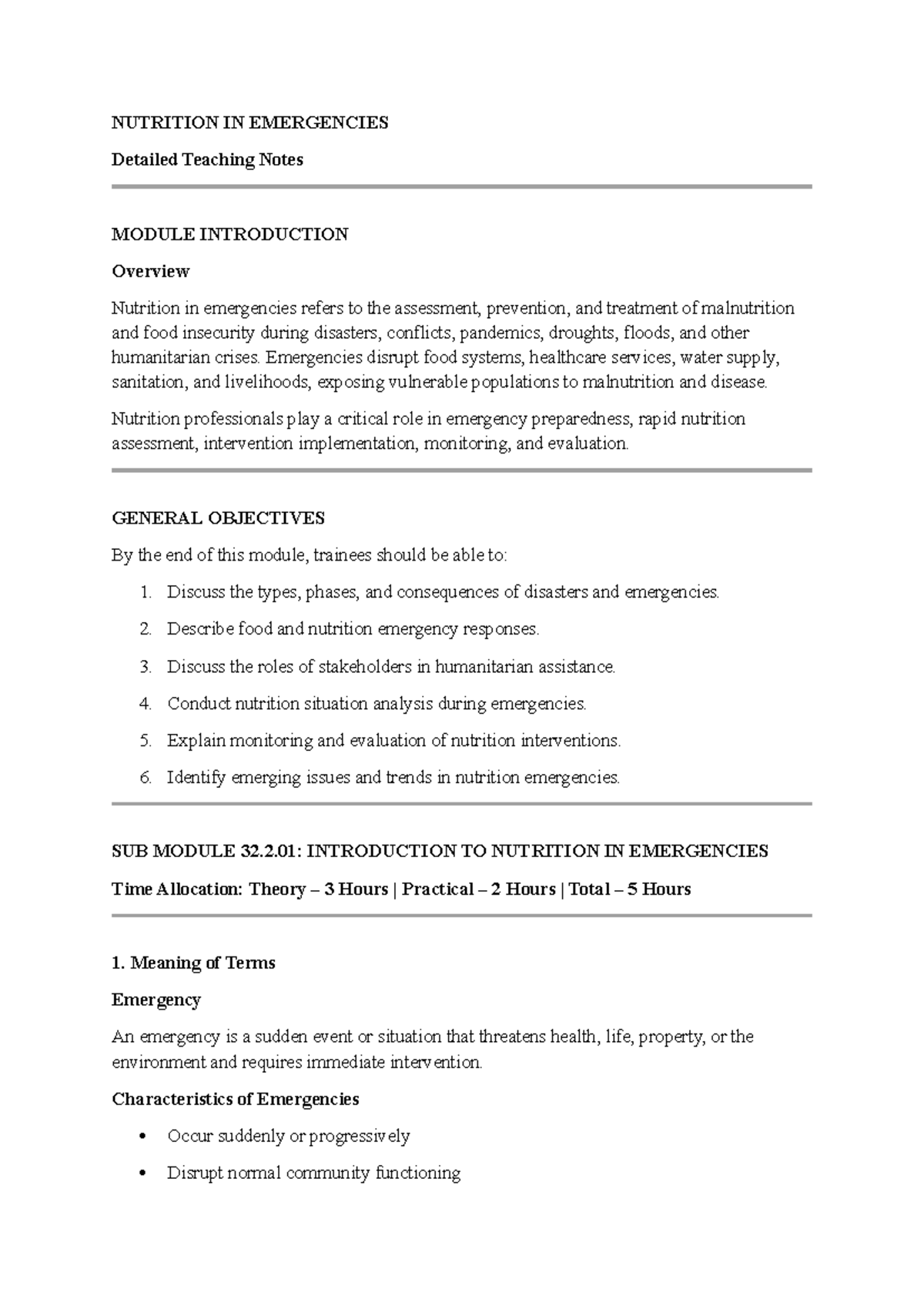 NUTRITION IN EMERGENCIES: Detailed Teaching Notes (MODULE 32.2) - Studocu