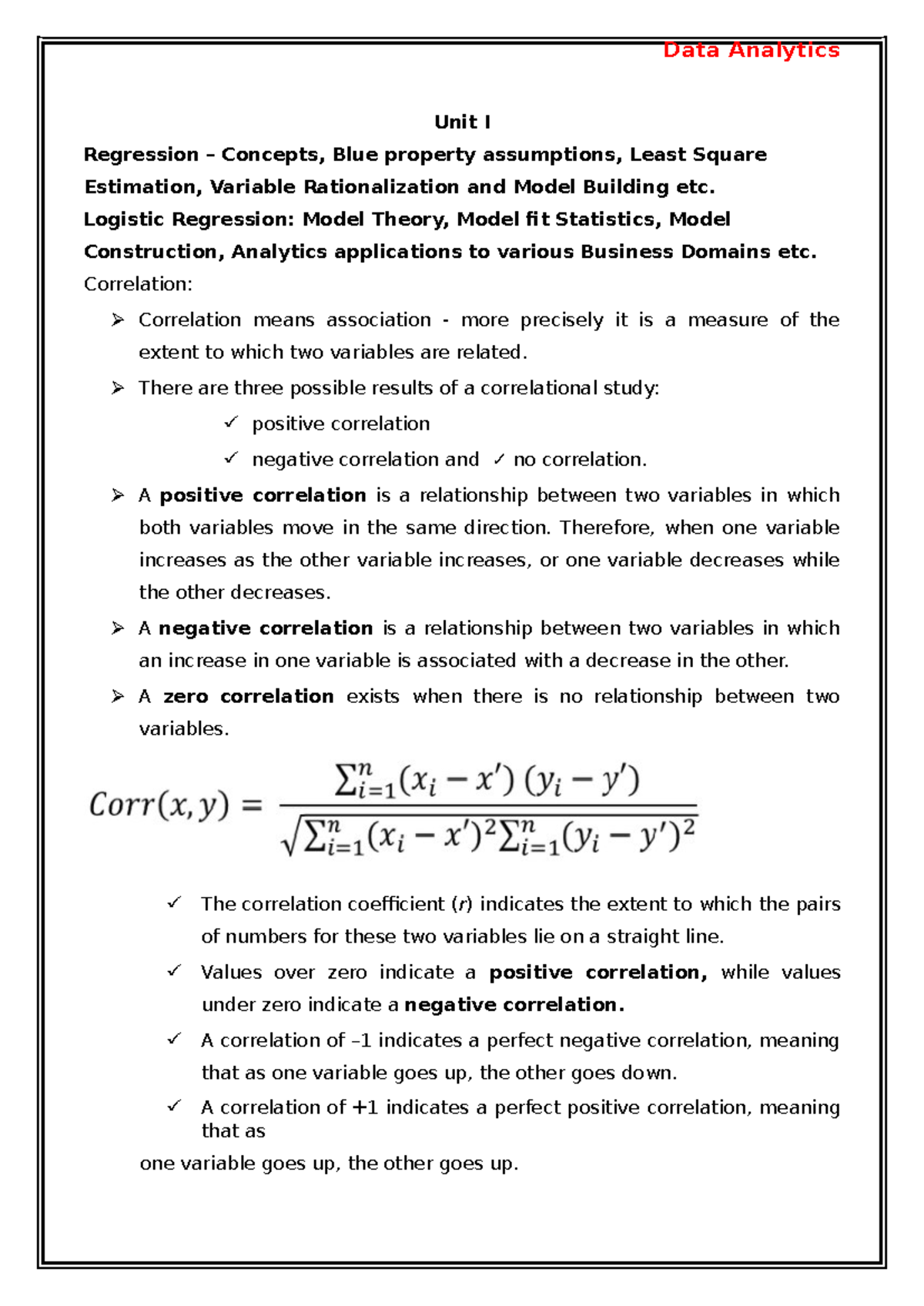 Data Analytics Unit I: Regression Concepts, Correlation, and Model ...
