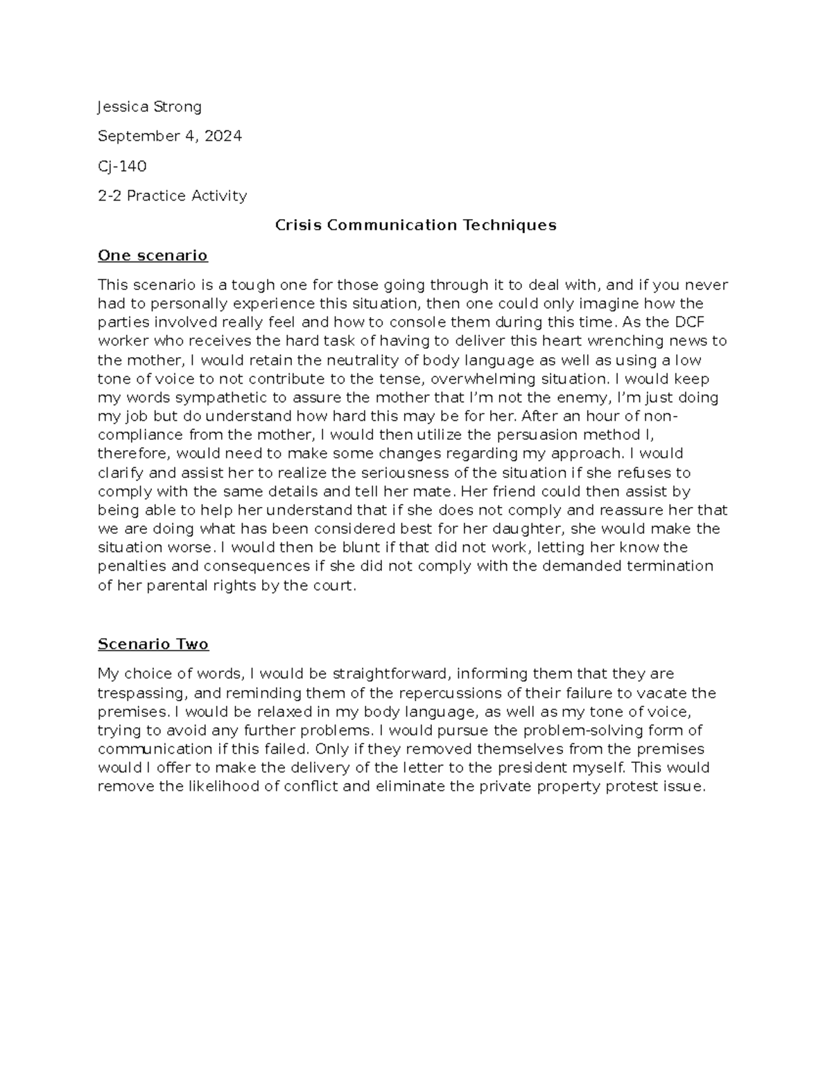 Practice Activity 2-2 Assignment - Jessica Strong September 4, 2024 Cj ...