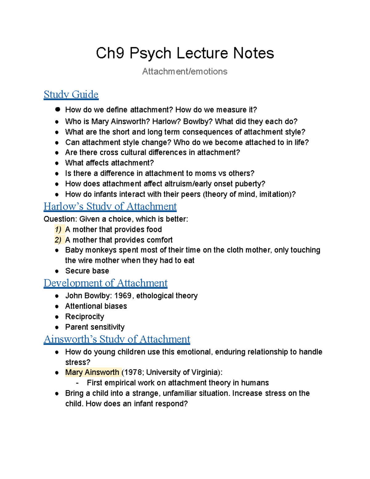 Psyc 101 Lecture Notes: Ch9 - Attachment and Emotions Overview - Studocu