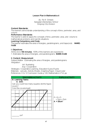 DLP MATH4 Q4 WEEK 6 - A Lesson Plan for Mathematics Grade 4 By: Arnie T. Narvasa Magallanes ...