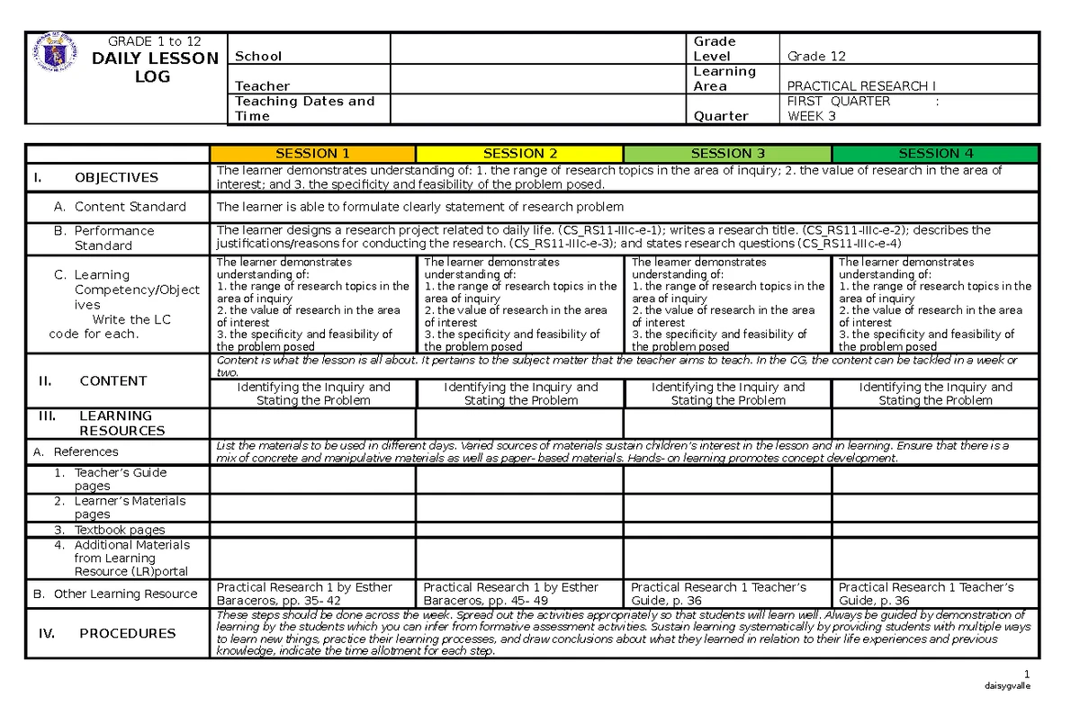 Week 3 - Practical Research DLL - GRADE 1 to 12 DAILY LESSON LOG School ...