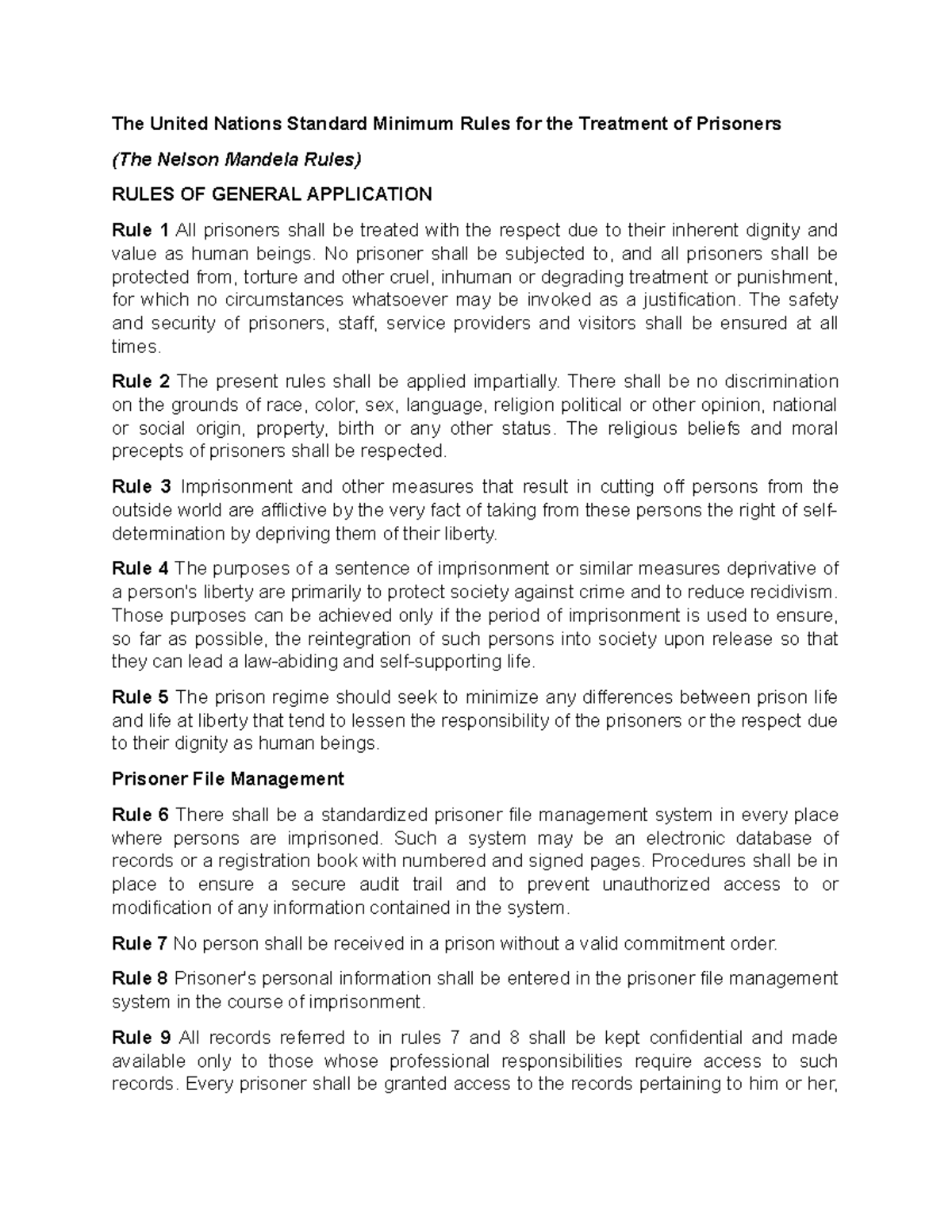 UN Standard Minimum Rules for Treatment of Prisoners (Nelson Mandela Rules) - Studocu