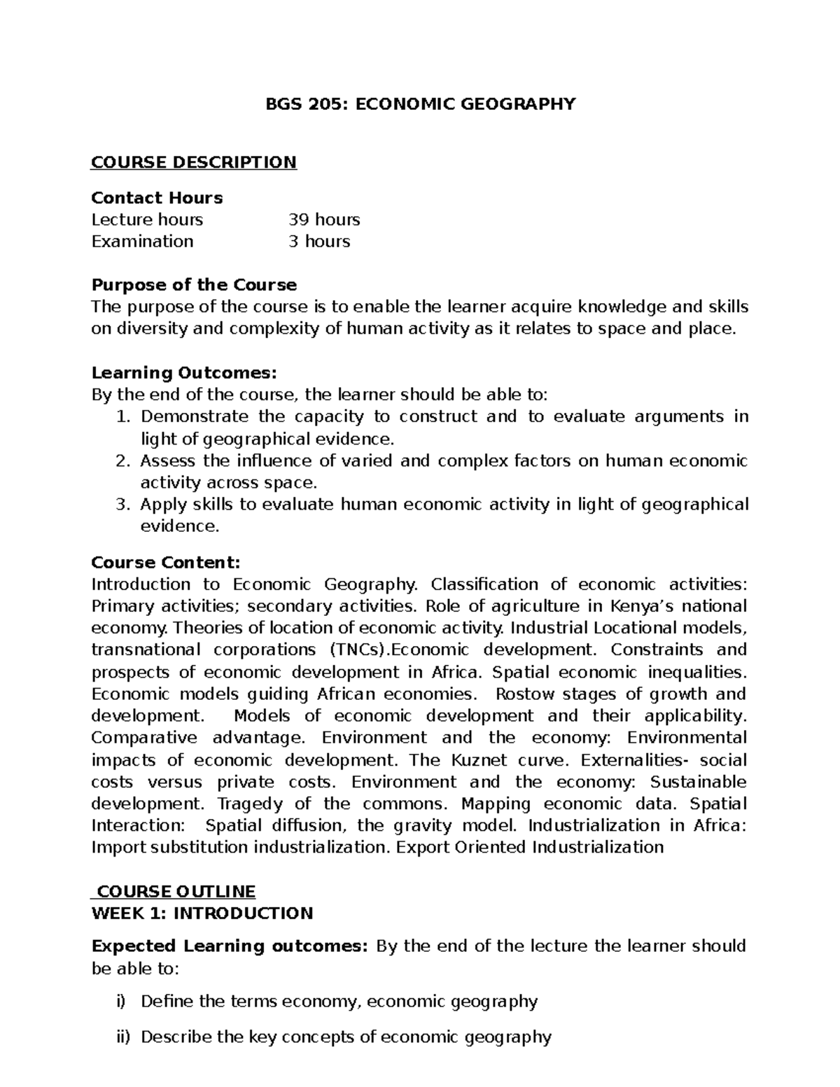 Economic Geography Lecture Series - BGS 205: ECONOMIC GEOGRAPHY COURSE ...
