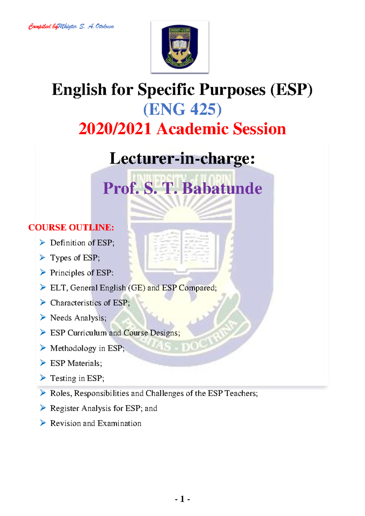 ENG 425: Comprehensive Notes on English for Specific Purposes (ESP ...