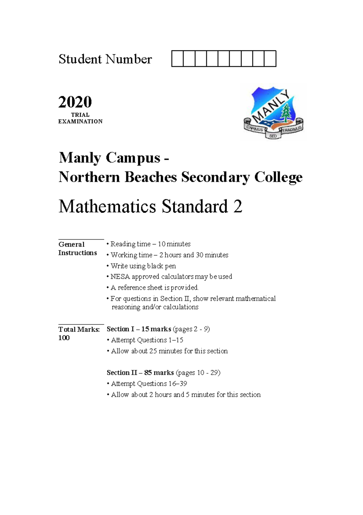 2020 MS - Manly Campus Mathematics Standard 2 Trial Exam Paper - Studocu