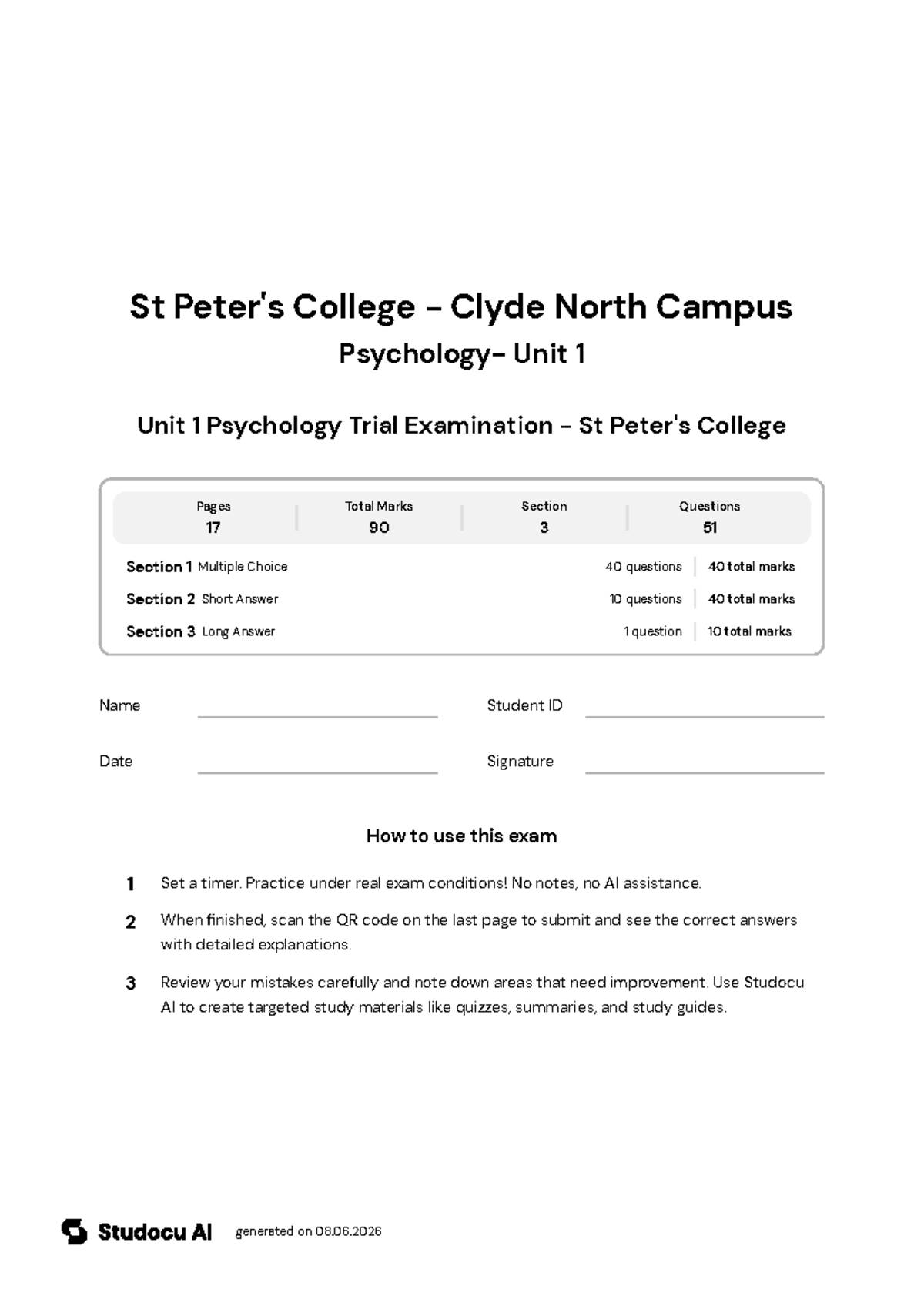 Unit 1 Psychology Trial Exam - St Peter's College - Studocu
