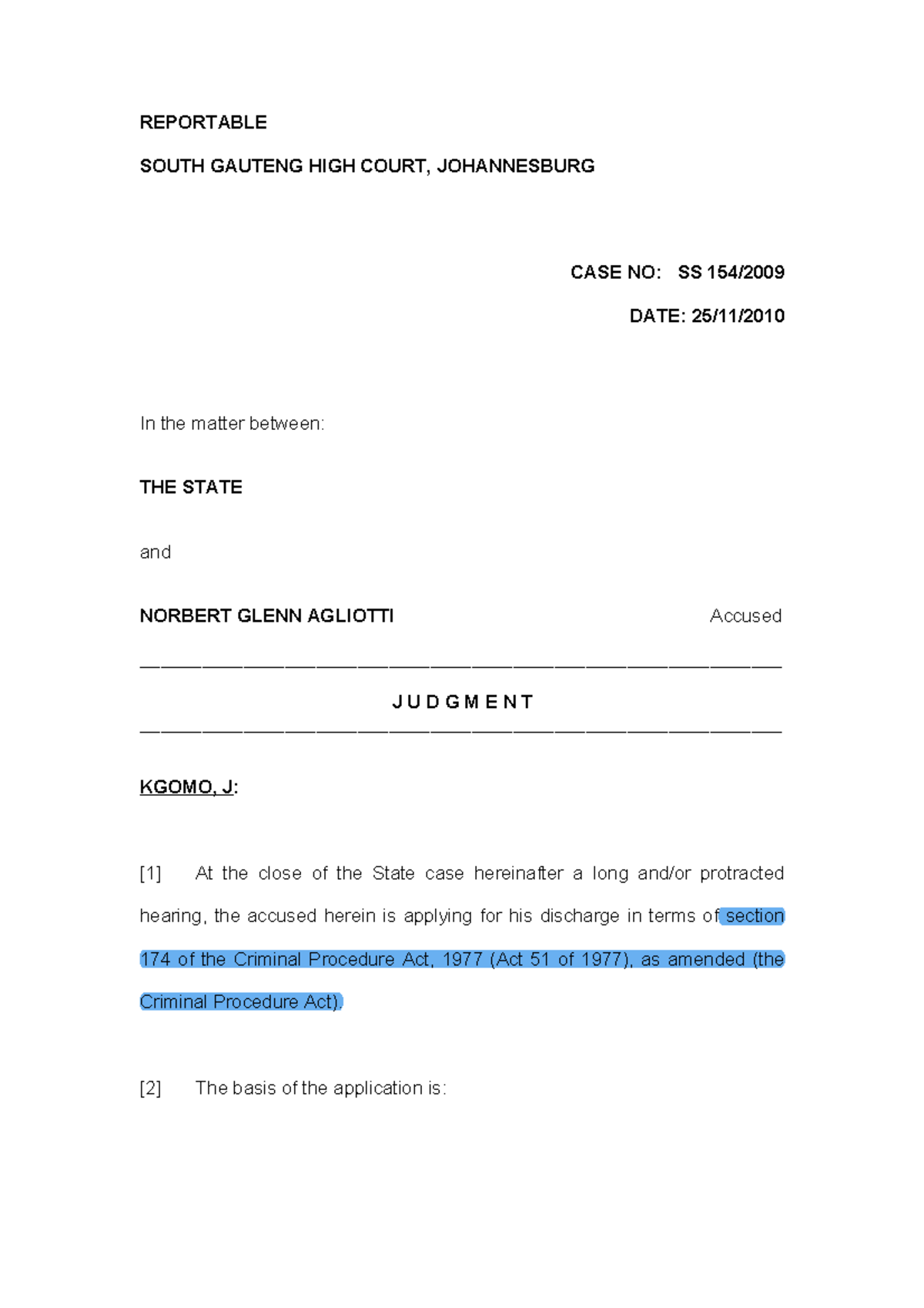 S v Aglioitti: Judgment on Fair Trial and Murder Charges Analysis - Studocu