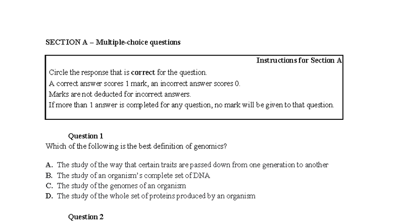 Unit 2 Biology Semester 2 Exam 2022: Section A & B Questions - Studocu