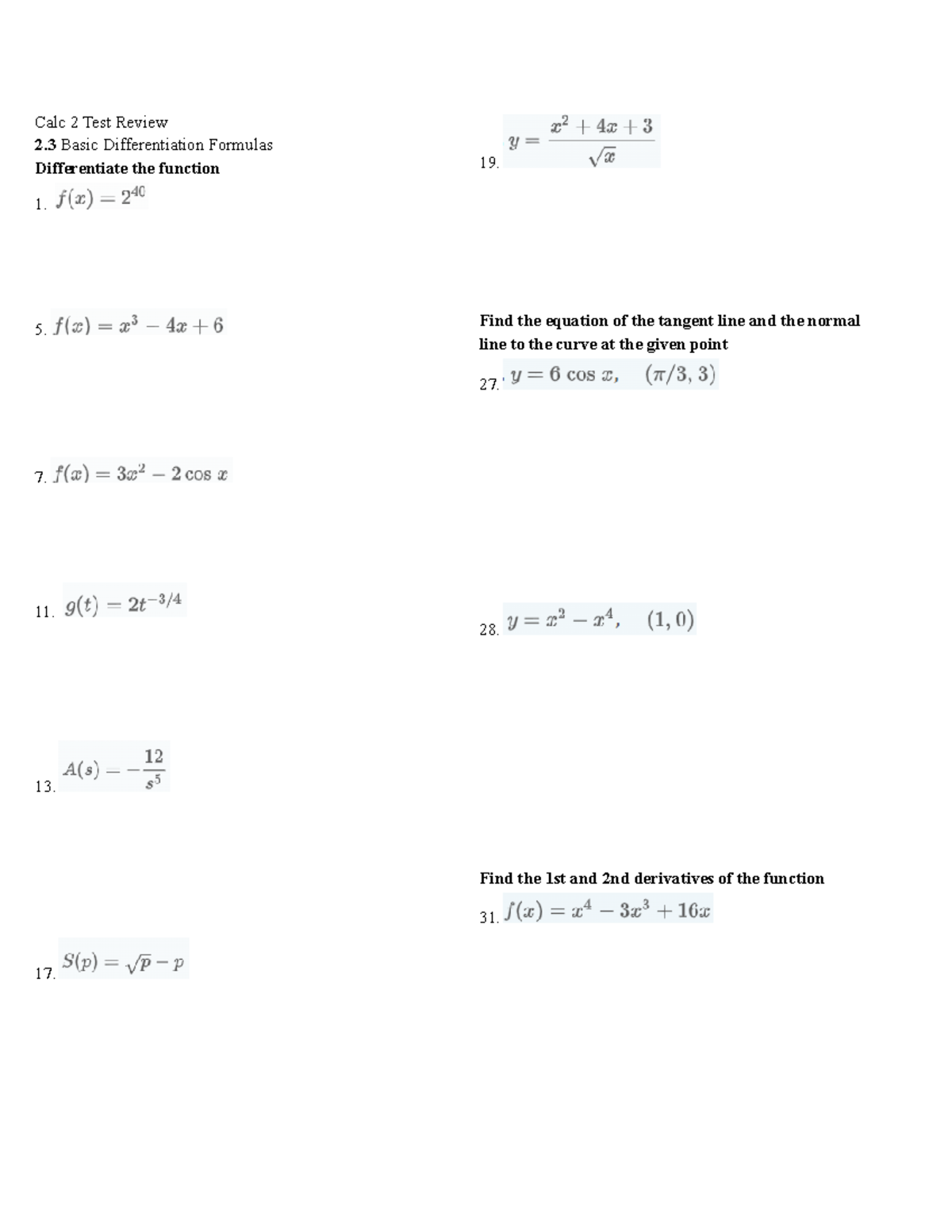 Calc 2 Review: Differentiation Techniques & Tangent Lines - Studocu