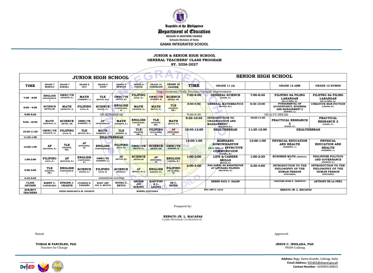 Class Program SY 2026-2027 - Gama Integrated School - Studocu
