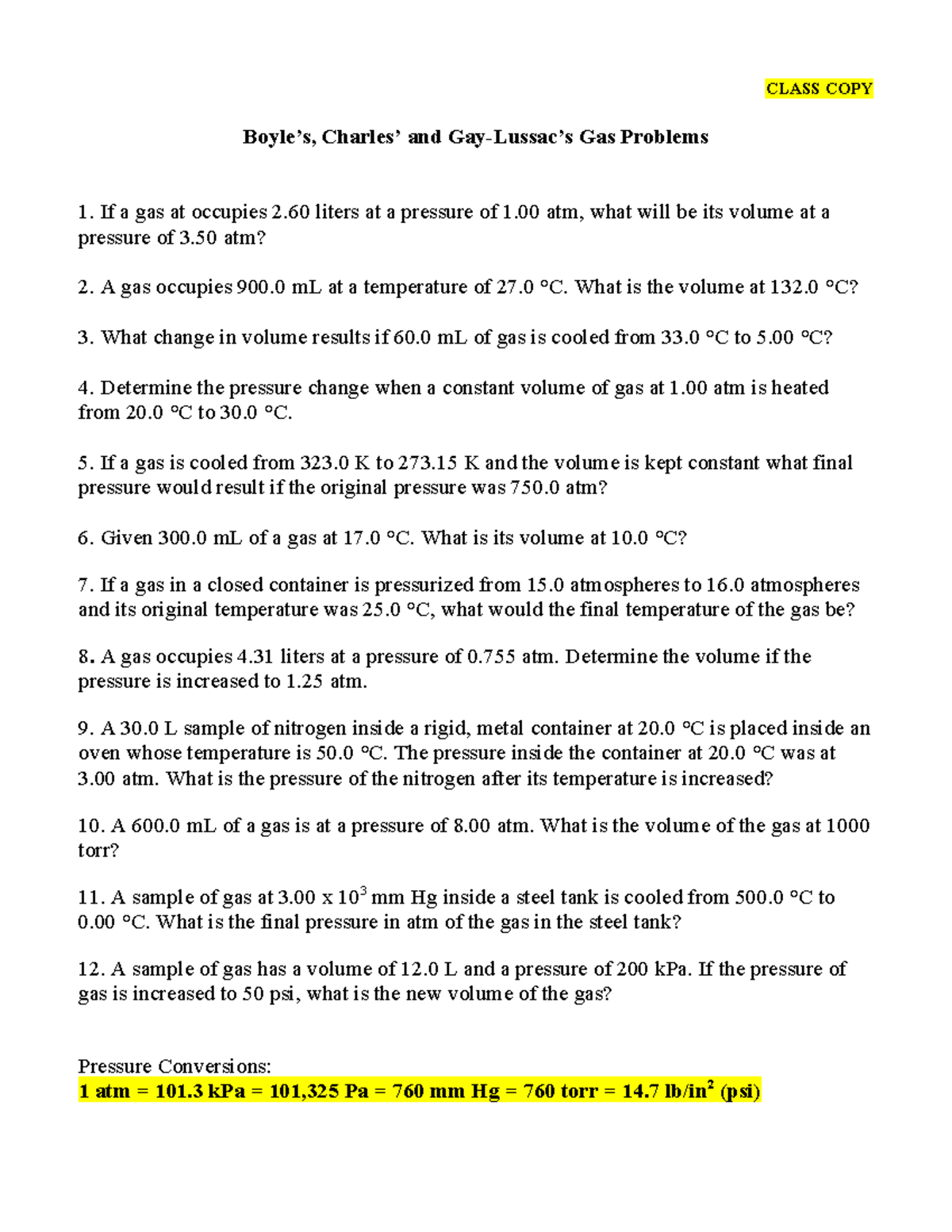 Gas Law Practice Problems: Boyle's, Charles', and Gay-Lussac's Laws ...